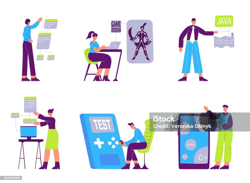 Software Developers Game Designers Javascript Programmers Characters Stock Illustration