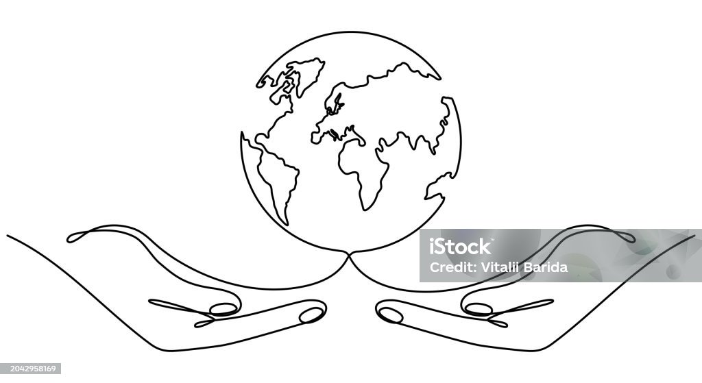 Human Hands Holding Earth Globe Continuous Line Drawing Stock