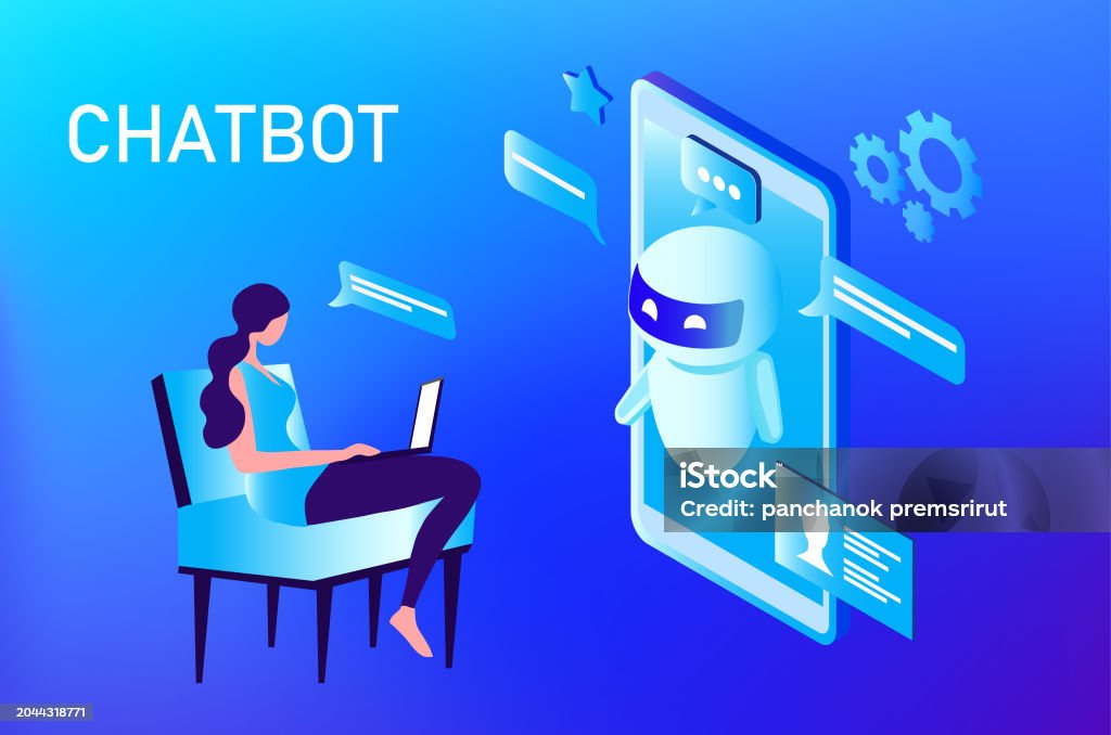 Chatbot Technology Concept Couple Chatting With Robot Asking Questions