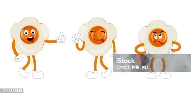 Cute Fried Egg Mascot Character Kawaii Cartoon Illustration Stock
