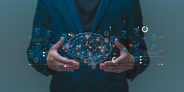 Big Data And Analytics Visualization Technology With Scientist Analyzing Information Structure
