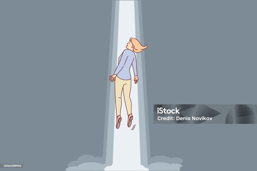Ilustración de Mujer Abducida Por Un Ovni Despega En Un Rayo De Luz Que ... Ilustración de Mujer Abducida Por Un Ovni Despega En Un Rayo De Luz Que ...