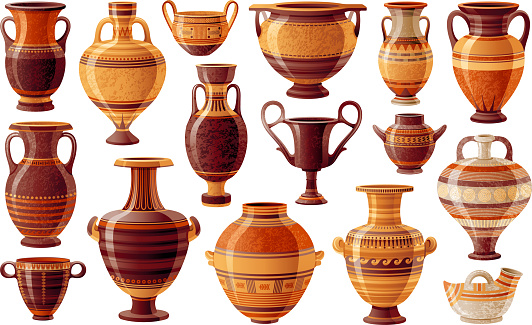 Ilustración De Jarrones De Cerámica Tinajas Vasijas De Barro Ánforas Vintage Conjunto De Iconos