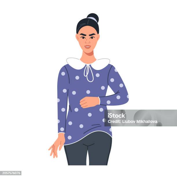 A Young Darkhaired Girl In Casual Clothes Stands Straight One Arm Bent