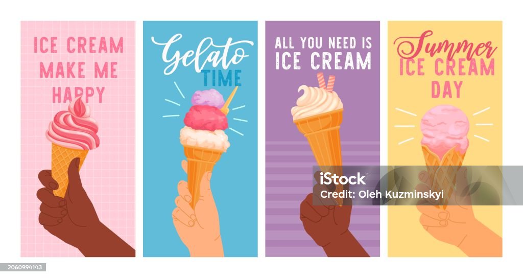 Tangan Memegang Es Krim Kartun Tangan Yang Berbeda Memegang Kerucut