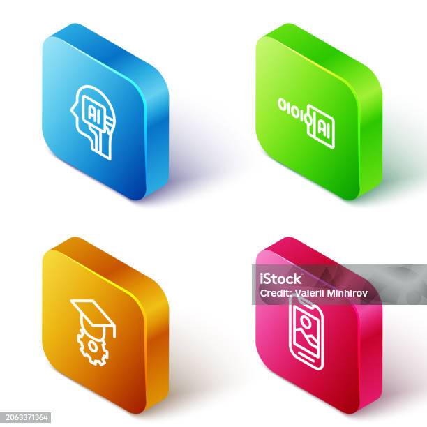 Set Isometric Line Humanoid Robot Binary Code Graduation Cap And Mobile Phone Icon Vector Stock