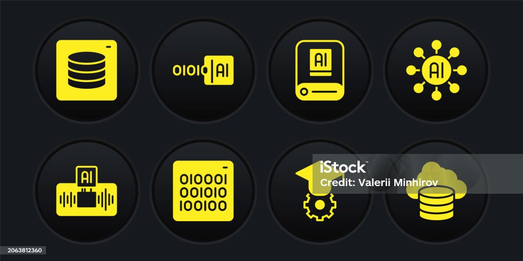 Set Artificial Intelligence Ai Neural Network Binary Code Graduation Cap Cloud Database And