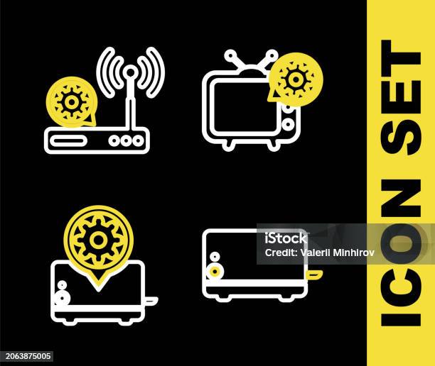 Setel Pengaturan Tv Garis Pemanggang Roti Dan Router Dan Ikon Wifi