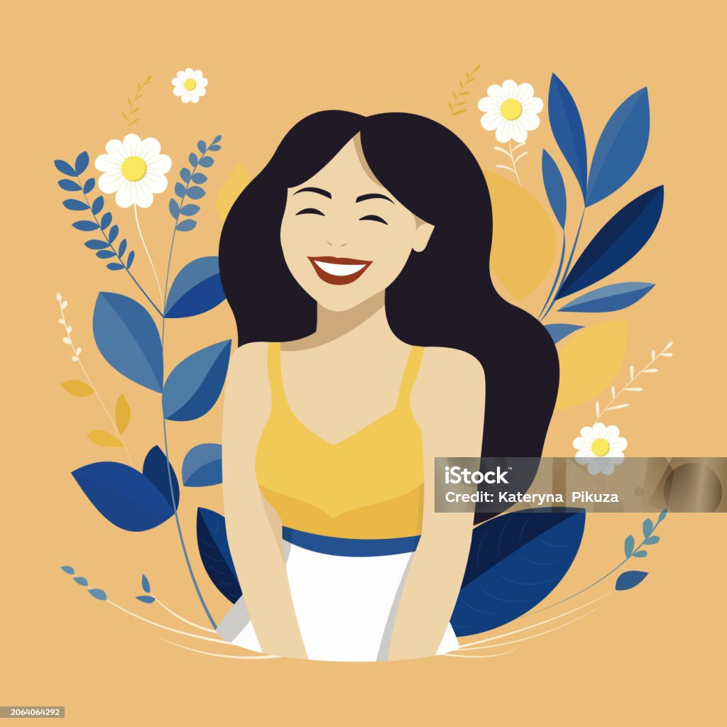 Smiling Girl With Floral Background Flat Vector Illustration Stock