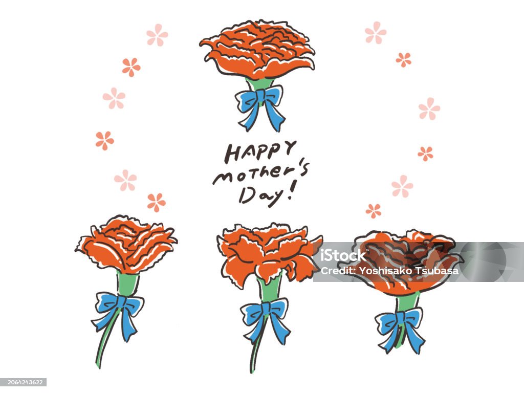 Mothers Day Carnation Loose Handdrawn Style Illustration Set Stock