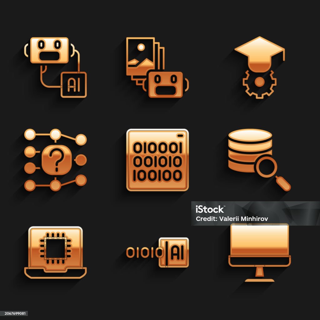 Set Binary Code Computer Monitor Server Processor Cpu Neural Network Graduation Cap And