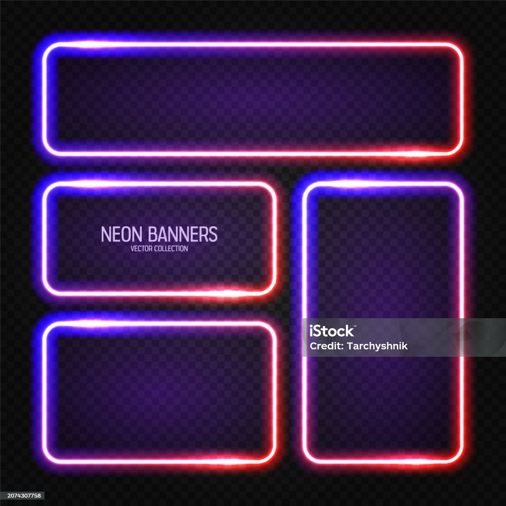 Glowing Neon Banners Illuminated Colorful Square Frames Shiny Vibrant Border Glow Effect Violet