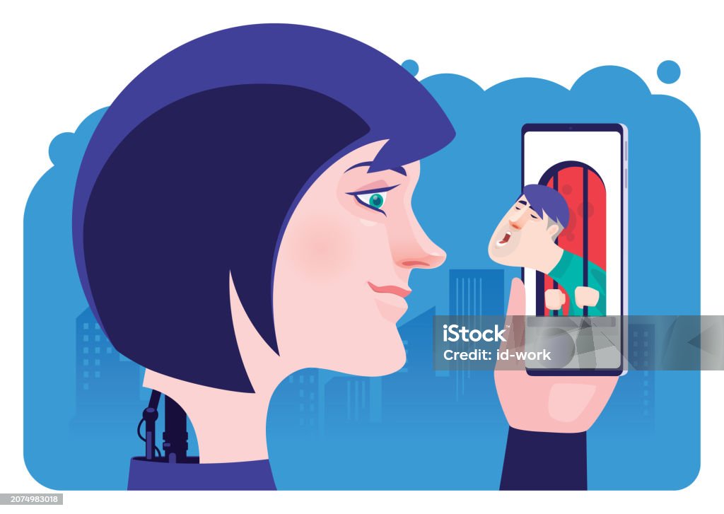 Robot Woman Holding Smartphone With Jailed Nerd Stock Illustration ... Robot Woman Holding Smartphone With Jailed Nerd Stock Illustration ...