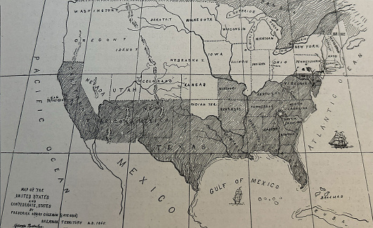 Antique Illustration Map Showing United States And Confederate States ... Antique Illustration Map Showing United States And Confederate States ...