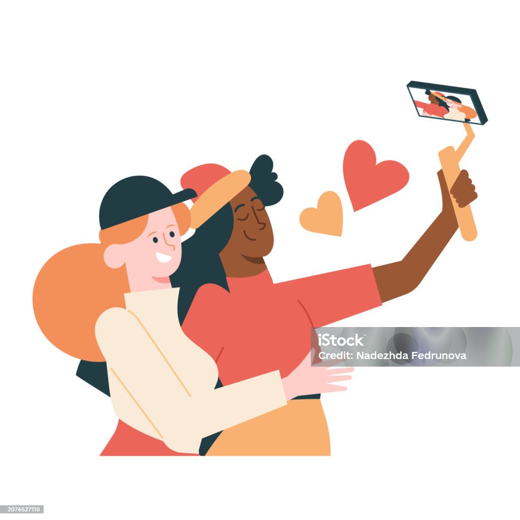 Two Cute Girlfriends Take A Selfie Stock Illustration Download Image