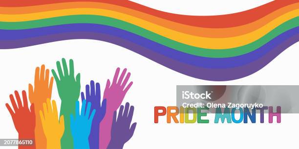 Pride Month Banner Lgbt Flag Wave And Hands Rainbow Colored Stock