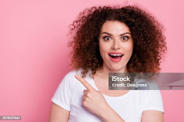 Portrait Of Impressed Girl With Wavy Hairstyle Wear White Tshirt