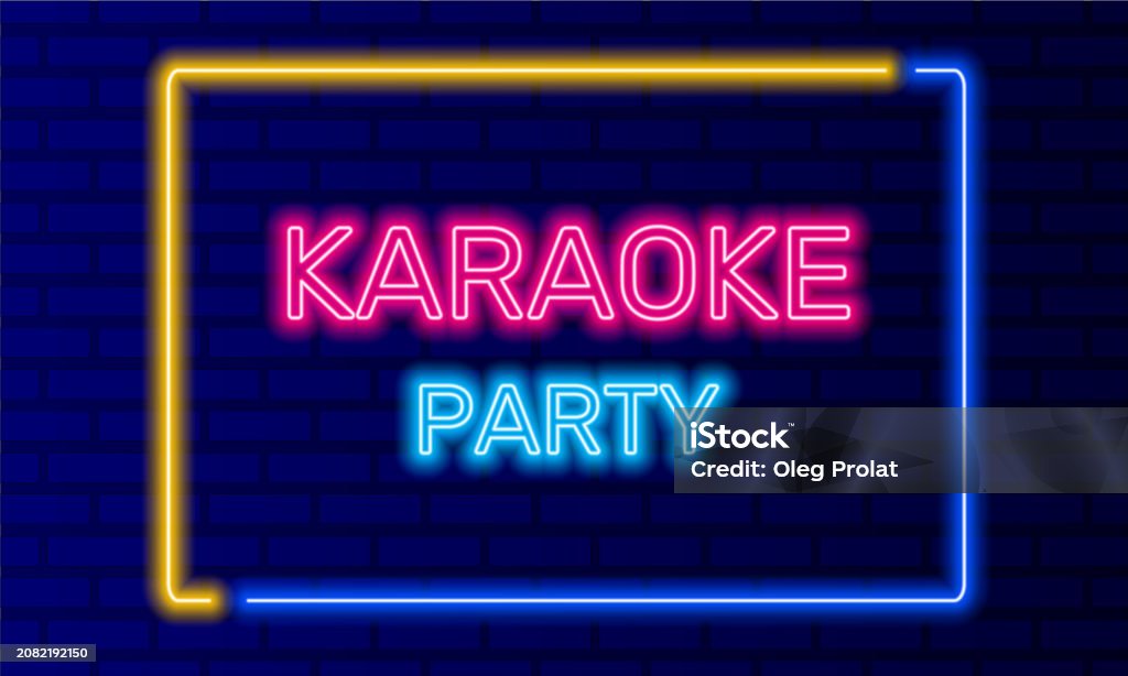 Neon Sign Karaoke Party In Speech Bubble Frame On Brick Wall Background