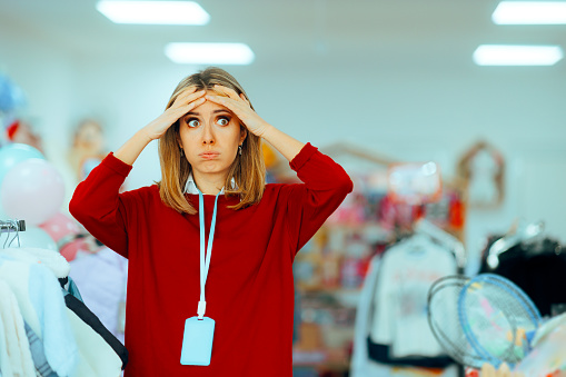 Stressed Retail Worker Feeling Overwhelmed And Desperate Stock Photo ... Stressed Retail Worker Feeling Overwhelmed And Desperate Stock Photo ...