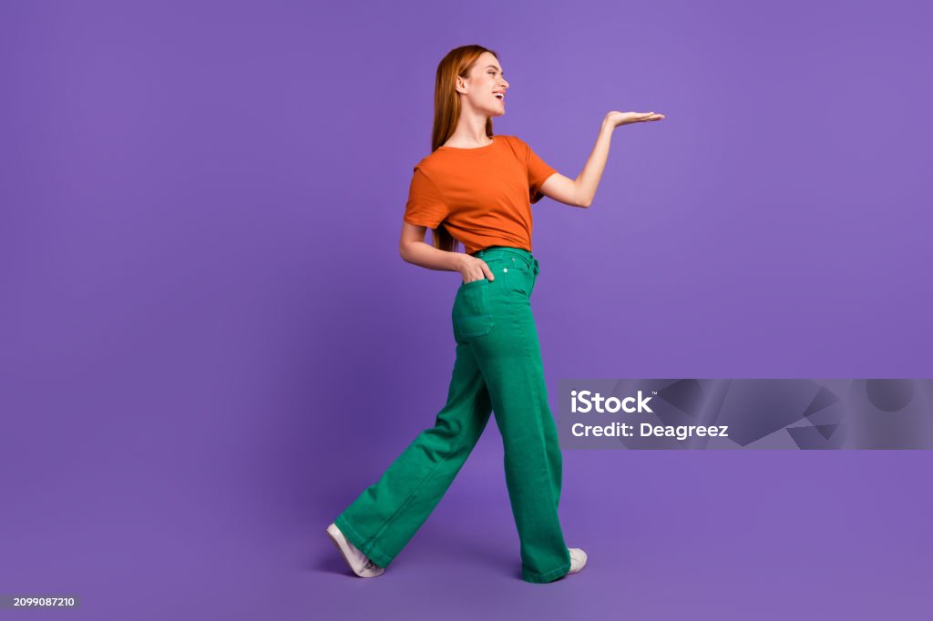 Full Body Size Photo Of Red Hair Girl Wear Orange T Shirt Promoting