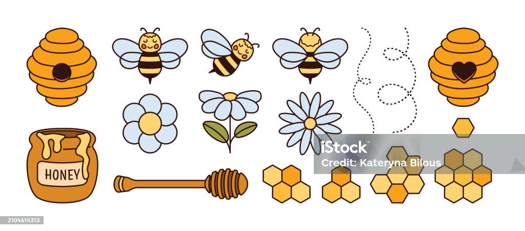 Honey Bee Set Beekeeping Bundle Apiary Cute Cartoon Bees Honeycomb Beehive Simple Flower Honey