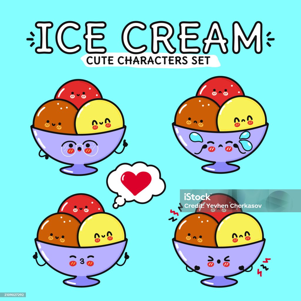 Funny Cute Happy Ice Cream Characters Bundle Set Stock Illustration