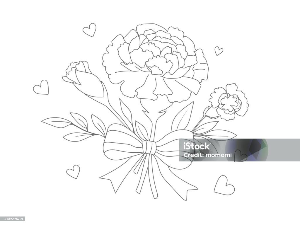 Mothers Day Carnation Bouquet Clipart Simple Line Drawing Stock
