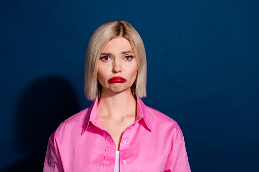 Portrait Of Dissatisfied Girl With Bob Hairdo Red Bright Lipstick Wear