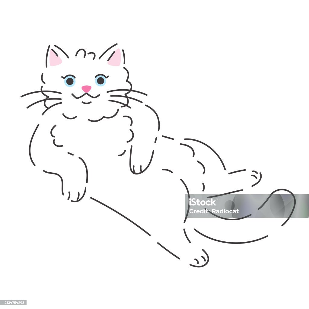 Cute Cartoon White Fluffy Cat Hand Drawn Vector Illustration Stock Illustration Download Image