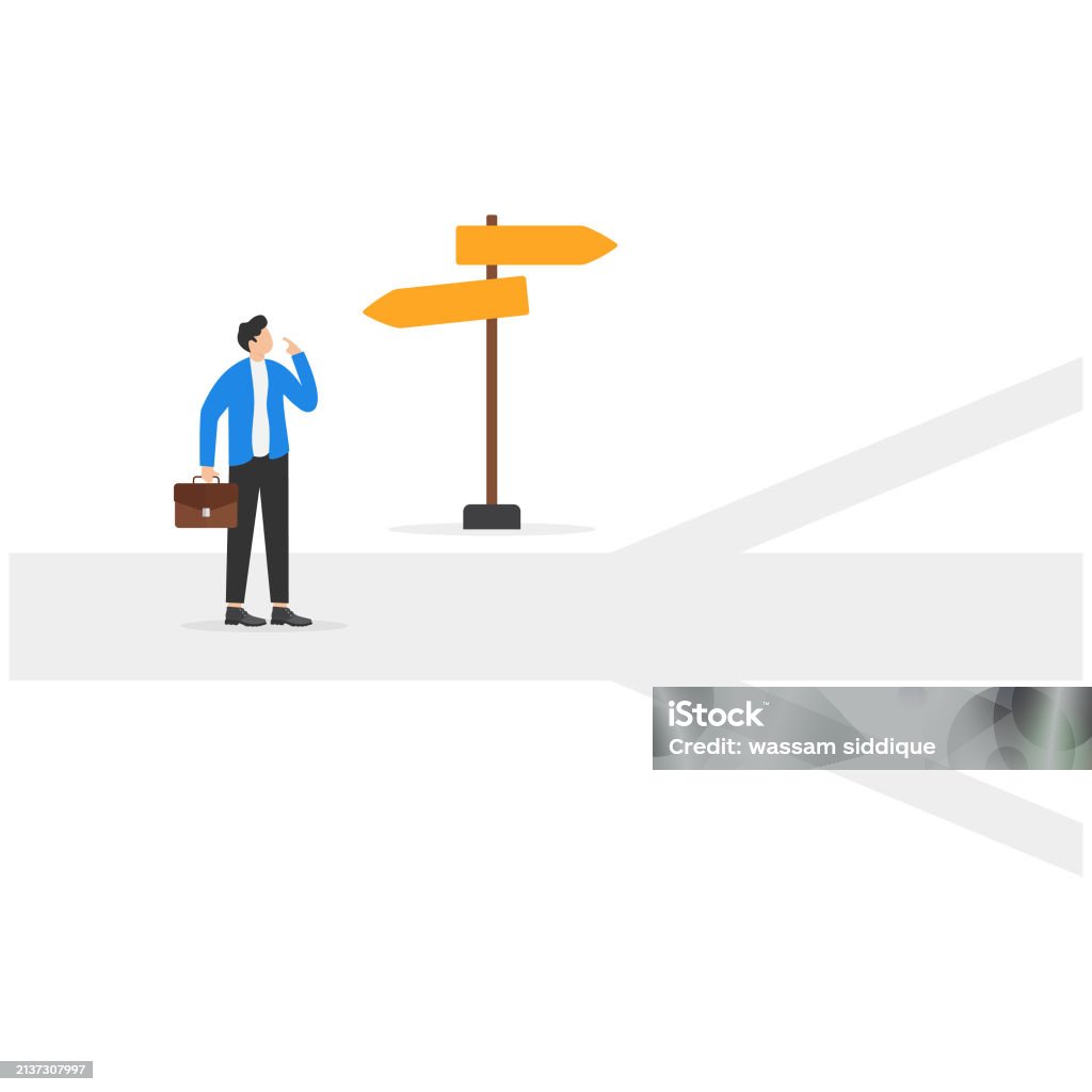 Businessman Standing Confused By Direction Sign Concept Business