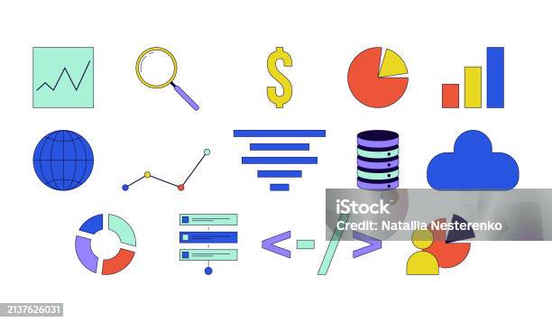 Analytics Database Management 2d Linear Cartoon Objects Set Stock
