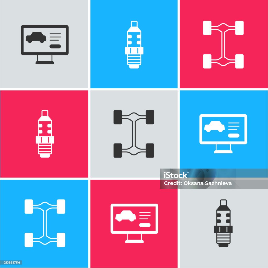 Set Diagnostics Condition Of Car Car Spark Plug And Chassis Icon Vector ... Set Diagnostics Condition Of Car Car Spark Plug And Chassis Icon Vector ...
