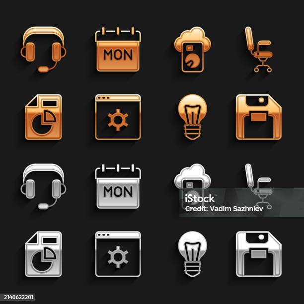 Set Browser Setting Office Chair Floppy Disk Light Bulb Document With Graph Chart Cloud Database 2987