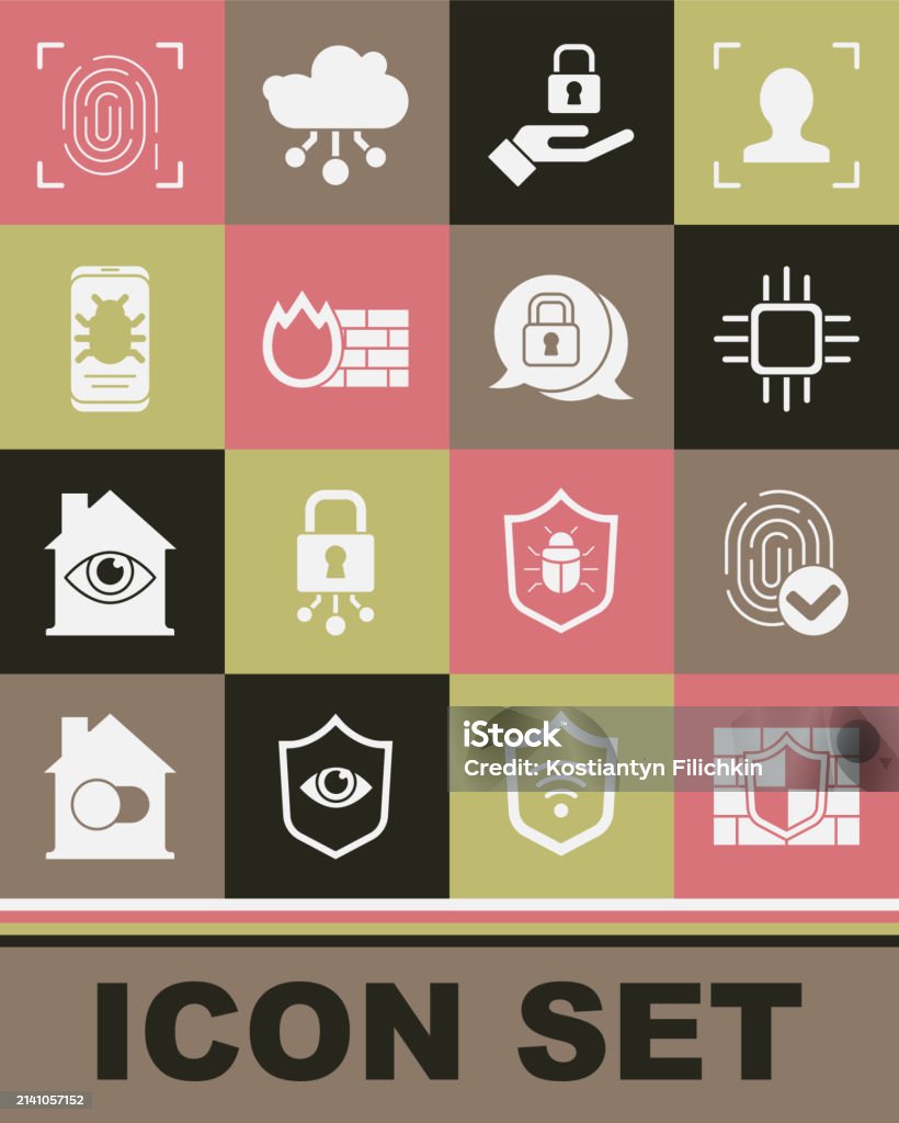 Set Shield With Brick Wall Fingerprint Processor Microcircuits Cpu Lock Hand Firewall Security