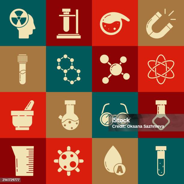 Set Test Tube And Flask Chemical Atom Molecule Human Head Radiation And