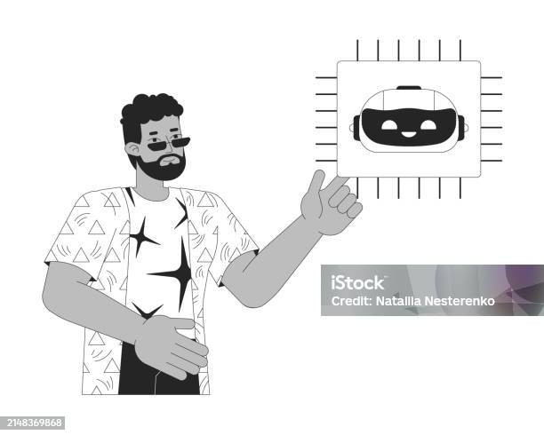 Bearded Man With Ai Microchip Black And White 2d Line Cartoon Character