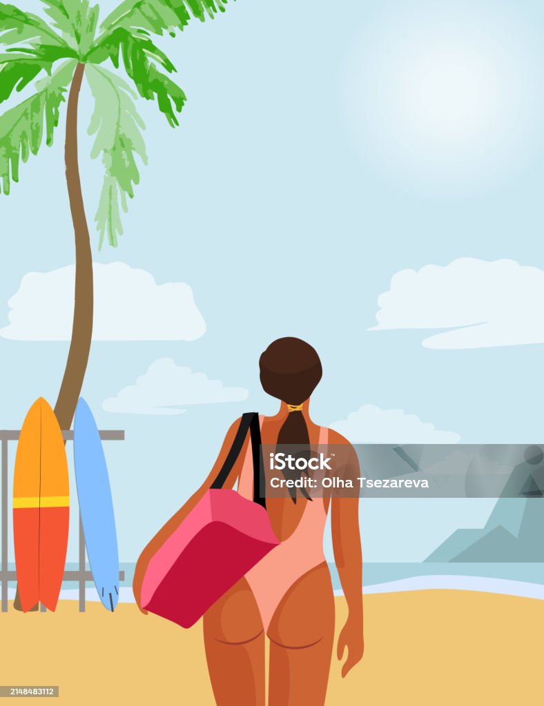 Woman Against The Background Of The Ocean And Surfboards Stock