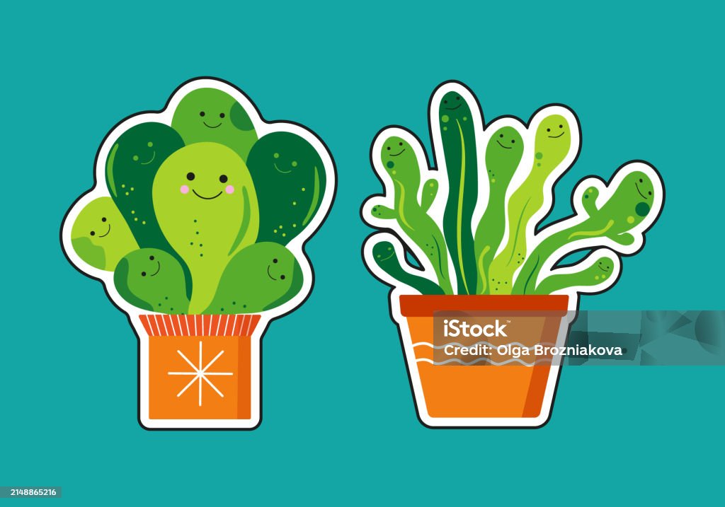 Houseplants Stickers Cartoon Cactus Flowerin Pot House Plant Potted