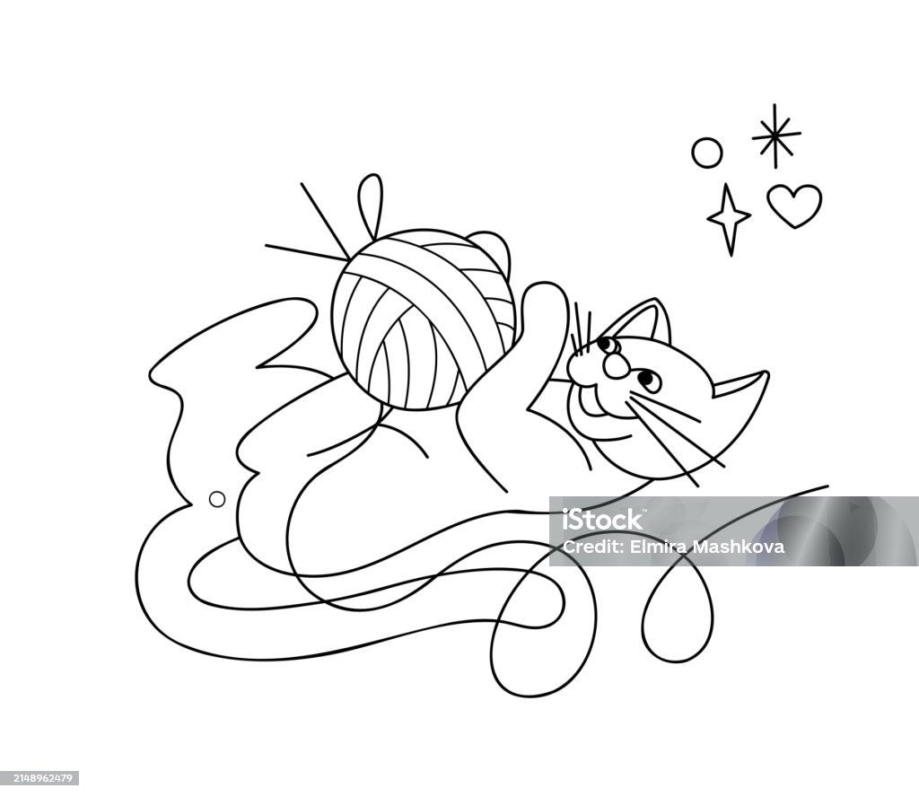 Vetores De Gato Bonito Brinca Com Uma Bola De Fio Ilustração Em Preto E Branco Do Vetor Do