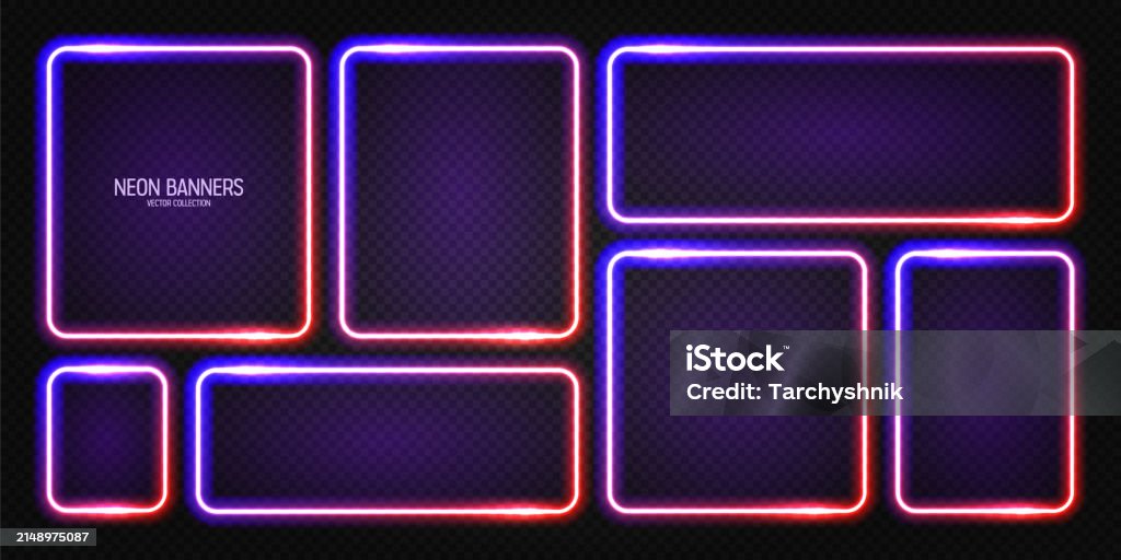 Glowing Neon Banners Illuminated Colorful Square Frames Shiny Vibrant Border Glow Effect Violet
