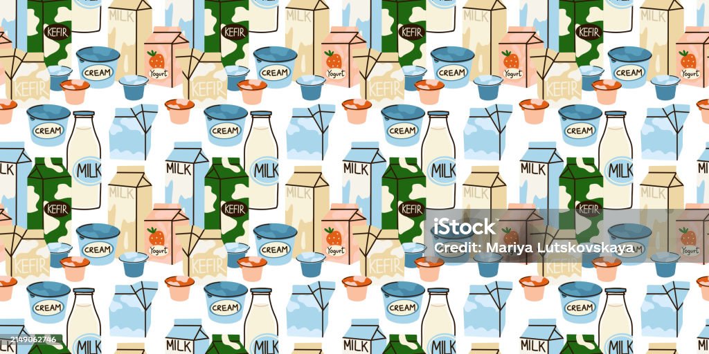 Dairy Products Seamless Pattern Milk Kefir And Yogurt Cheese Butter And