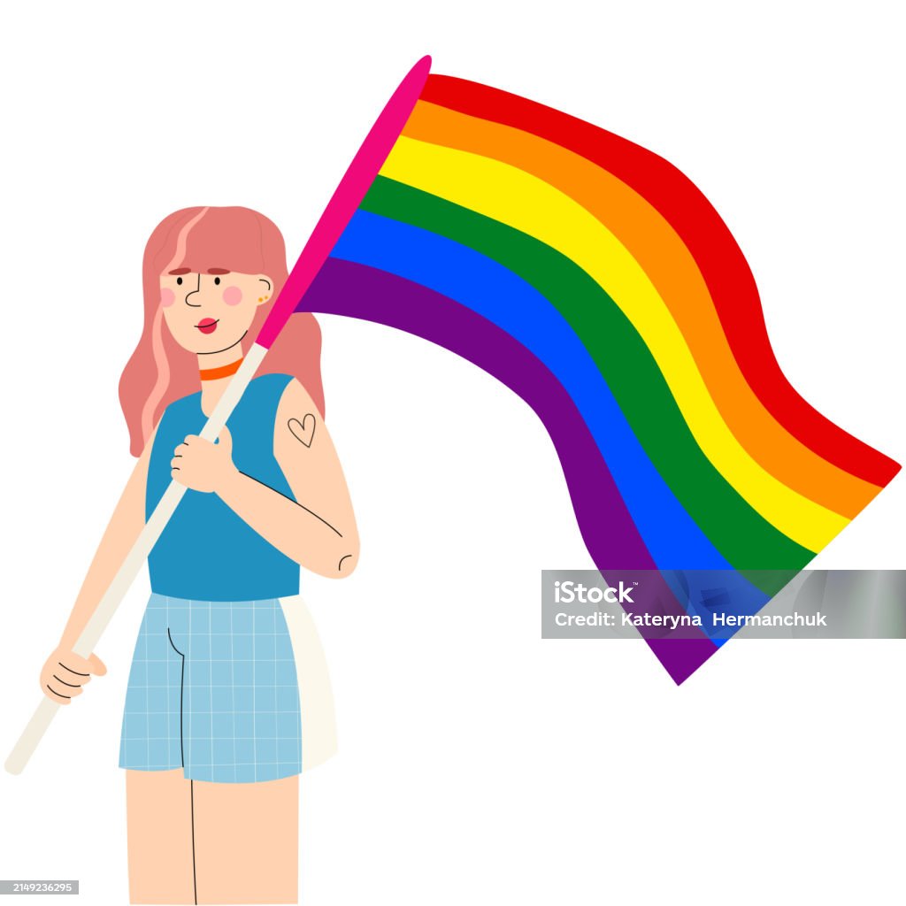 Woman Holding A Rainbow Flag Pride Month Banner Lgbt Community Stock