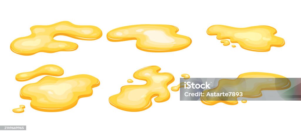 Set Of Yellow Puddle Oil Liquid Gold Honey Spill Juice Drop Isolated In