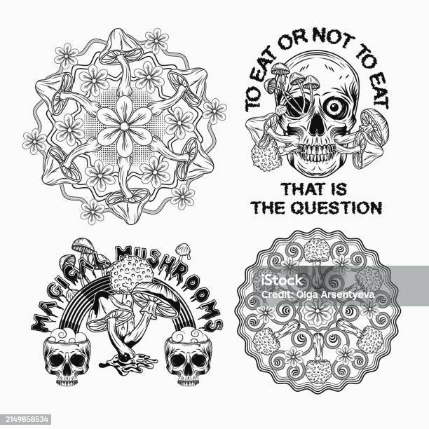 Creepy Labels With Text Mushrooms Human Skull Stock Illustration Download Image Now Agaric