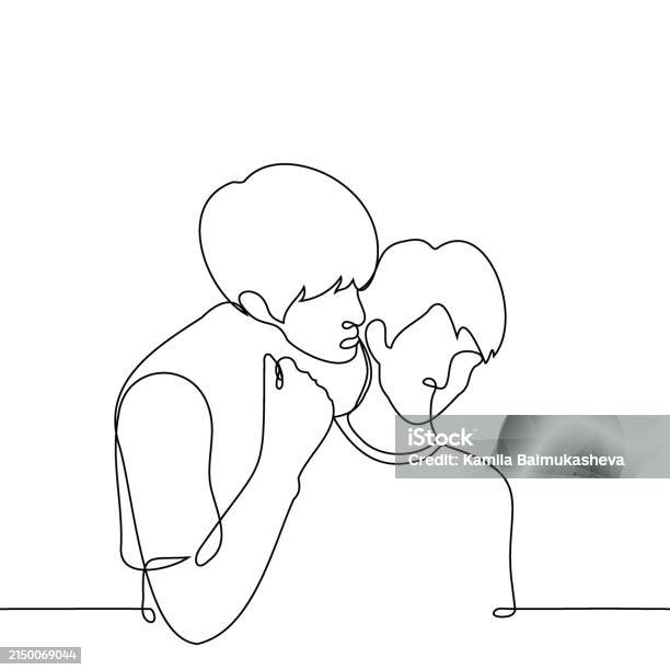 Man Whispers In Anothers Ear Standing Behind Him One Line Art Vector