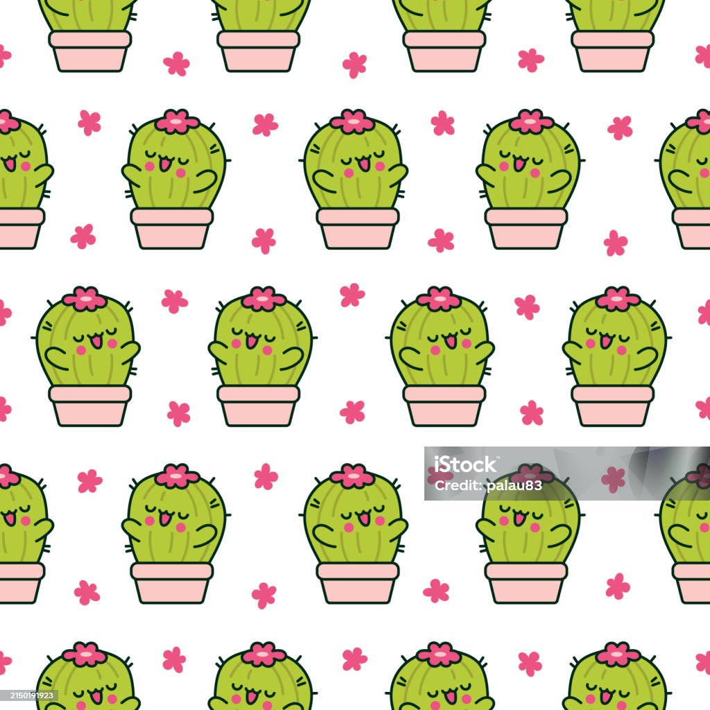 Cute Kawaii Cactus Seamless Pattern Funny Succulent Plant With Happy