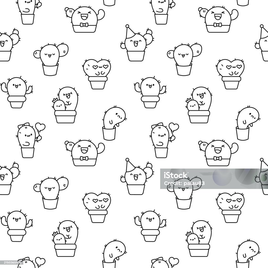 Cute Kawaii Cactus Seamless Pattern Coloring Page Funny Succulent Plant