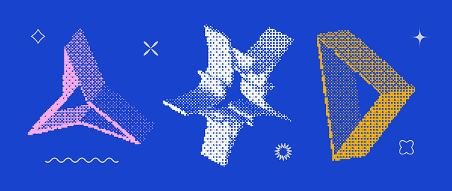 Bitmap Textured Shape Set Dither Halftone Objects Collection Colorful 3d Star And Triangle