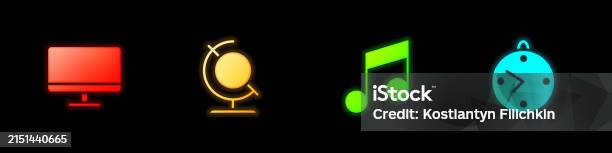 Set Computer Monitor Screen Earth Globe Music Note Tone And Clock Icon ... Set Computer Monitor Screen Earth Globe Music Note Tone And Clock Icon ...