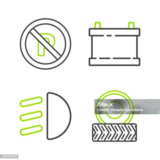 Définissez La Ligne Roue De Voiture Feux De Route Batterie Et Icône